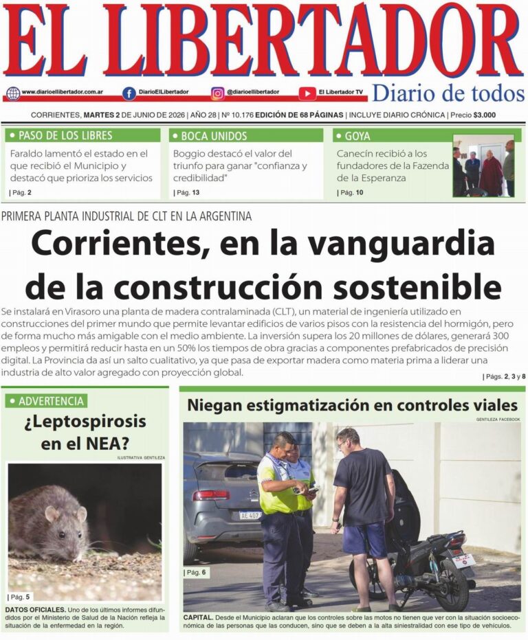 Tapa y Contratapa 2 de junio de 2026 - Diario El Libertador de Corrientes