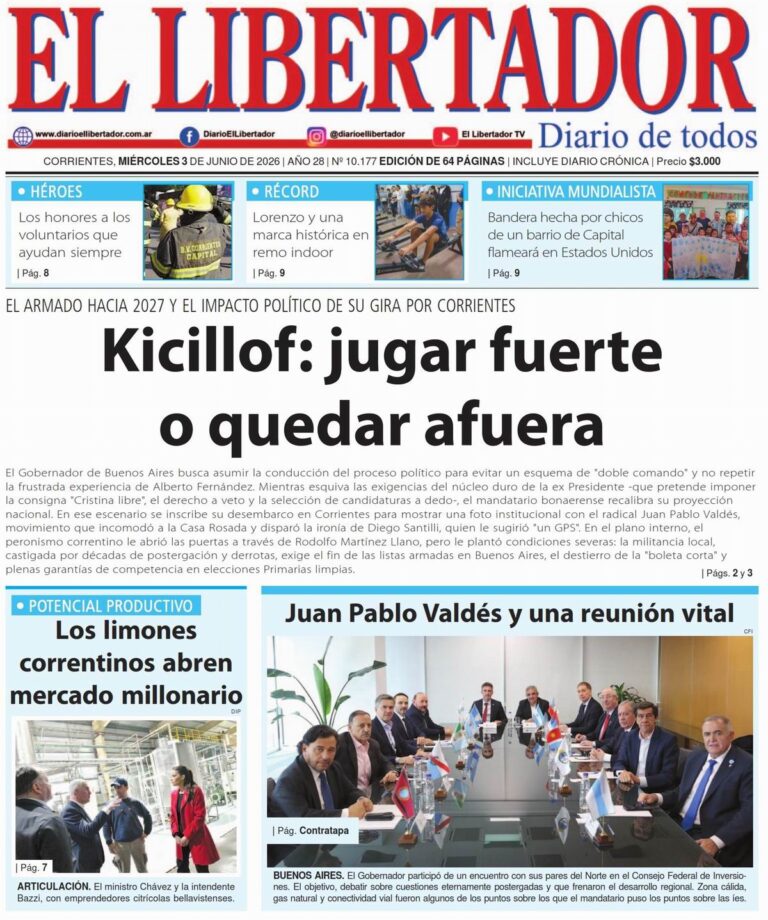 Tapa y Contratapa 3 de junio de 2026 - Diario El Libertador de Corrientes