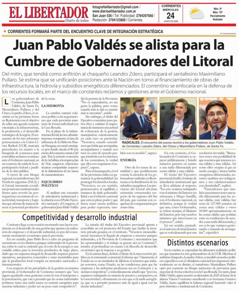 Tapa y Contratapa 24 de junio de 2026 - Diario El Libertador de Corrientes