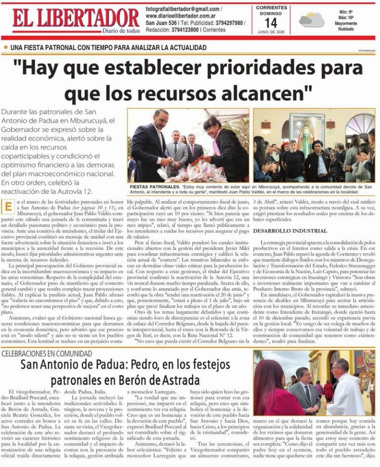 Tapa y Contratapa 14 de junio de 2026 - Diario El Libertador de Corrientes